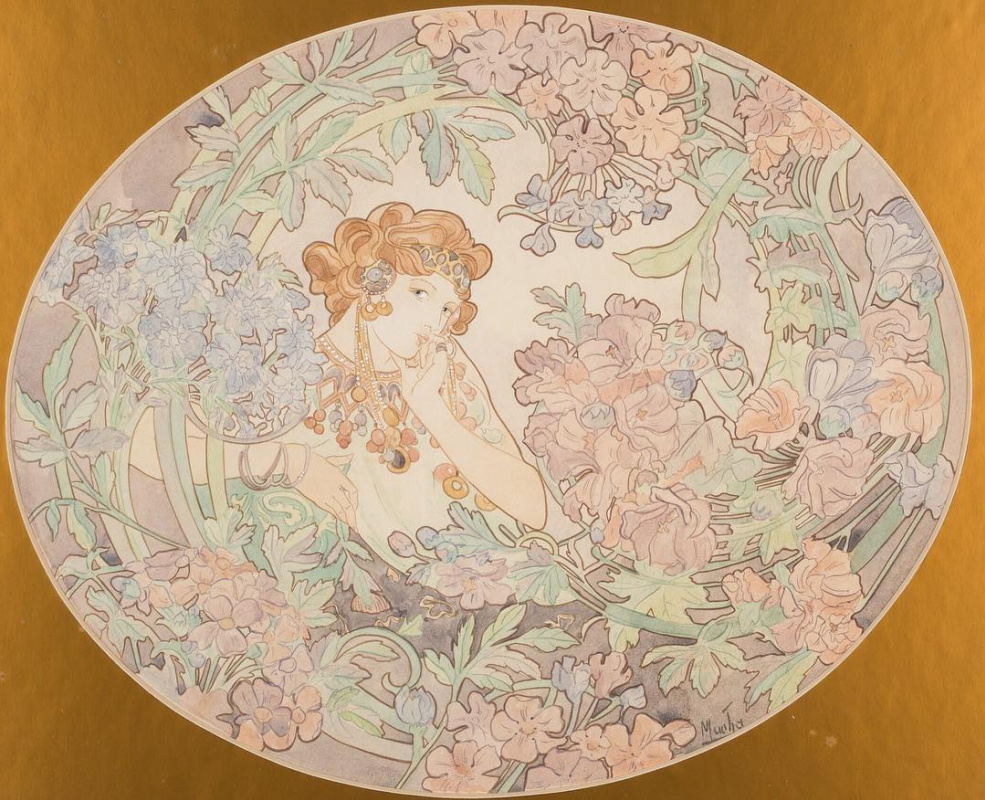 Альфонс Муха - Женщина, окруженная цветами, 1891, 43×35 см: Описание ...